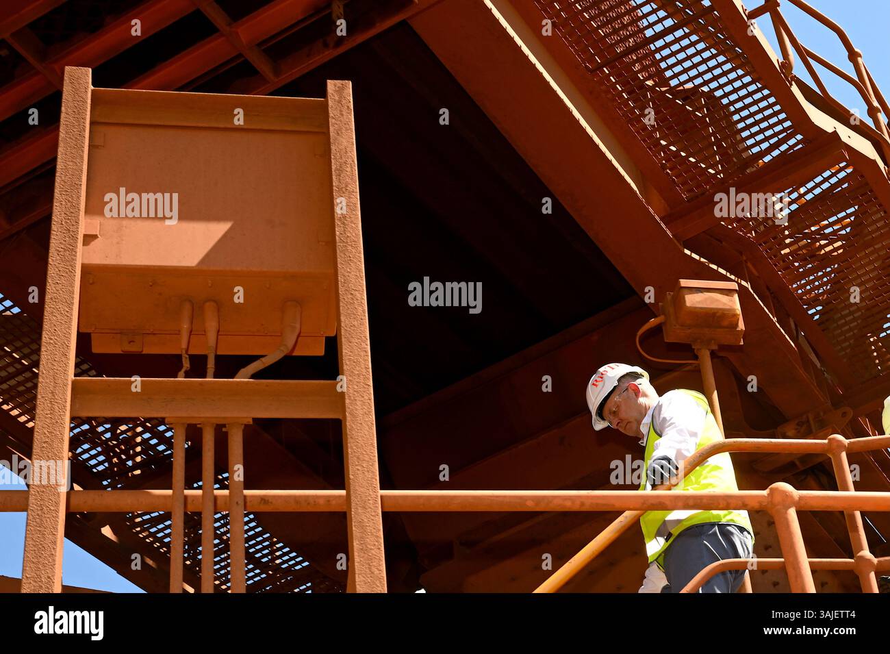 Australian Prime Minister Anthony Albanese visits a shiploader at Rio Tinto’s Dampier Port on ...