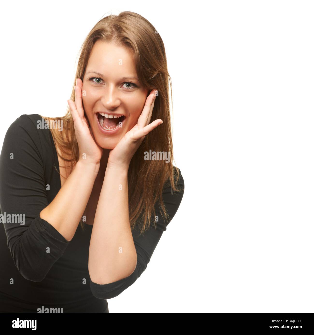 Wow, surprise and hands on face of woman in studio excited for news ...