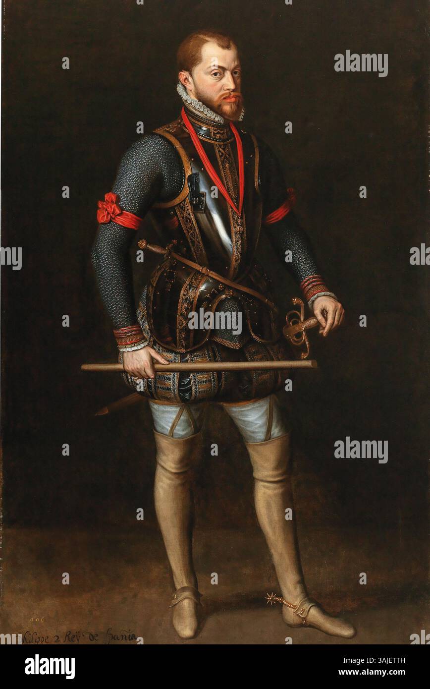 This full-length portrait, attributed to Salomon Noveliers, depicts King Philip II of Spain in ...