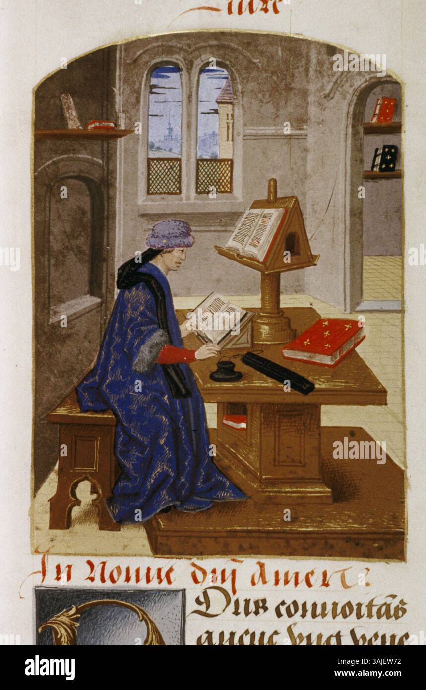 This illumination from 'Annales de Hainaut' portrays Jacques de Guyse ...