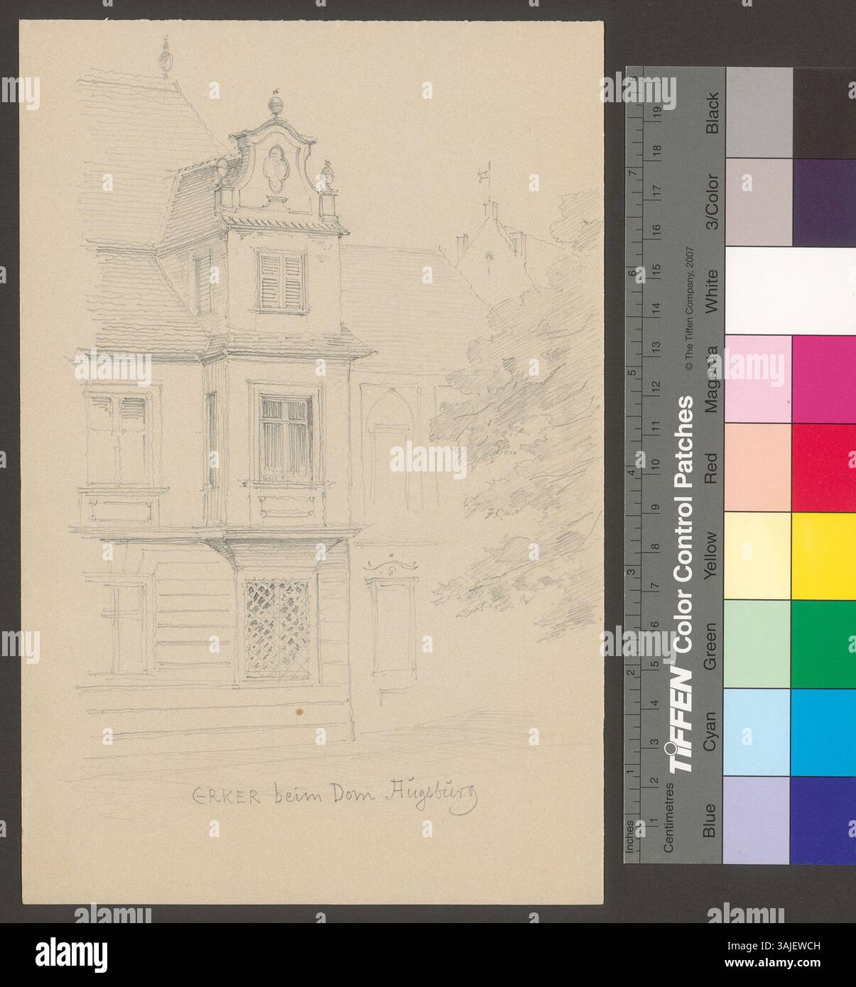 This print shows the oriel window next to the Augsburg Cathedral ...