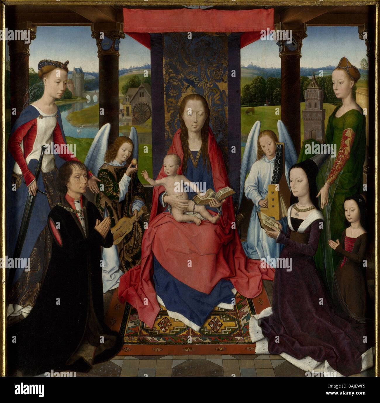 A cropped view of the central panel from Hans Memling’s 1478 'Donne Triptych', showing the ...