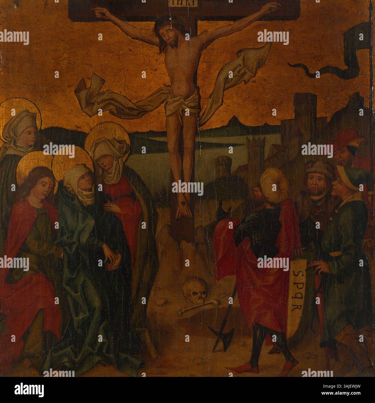 This 15th-century German painting, depicting the Crucifixion of Jesus, is a religious artwork ...