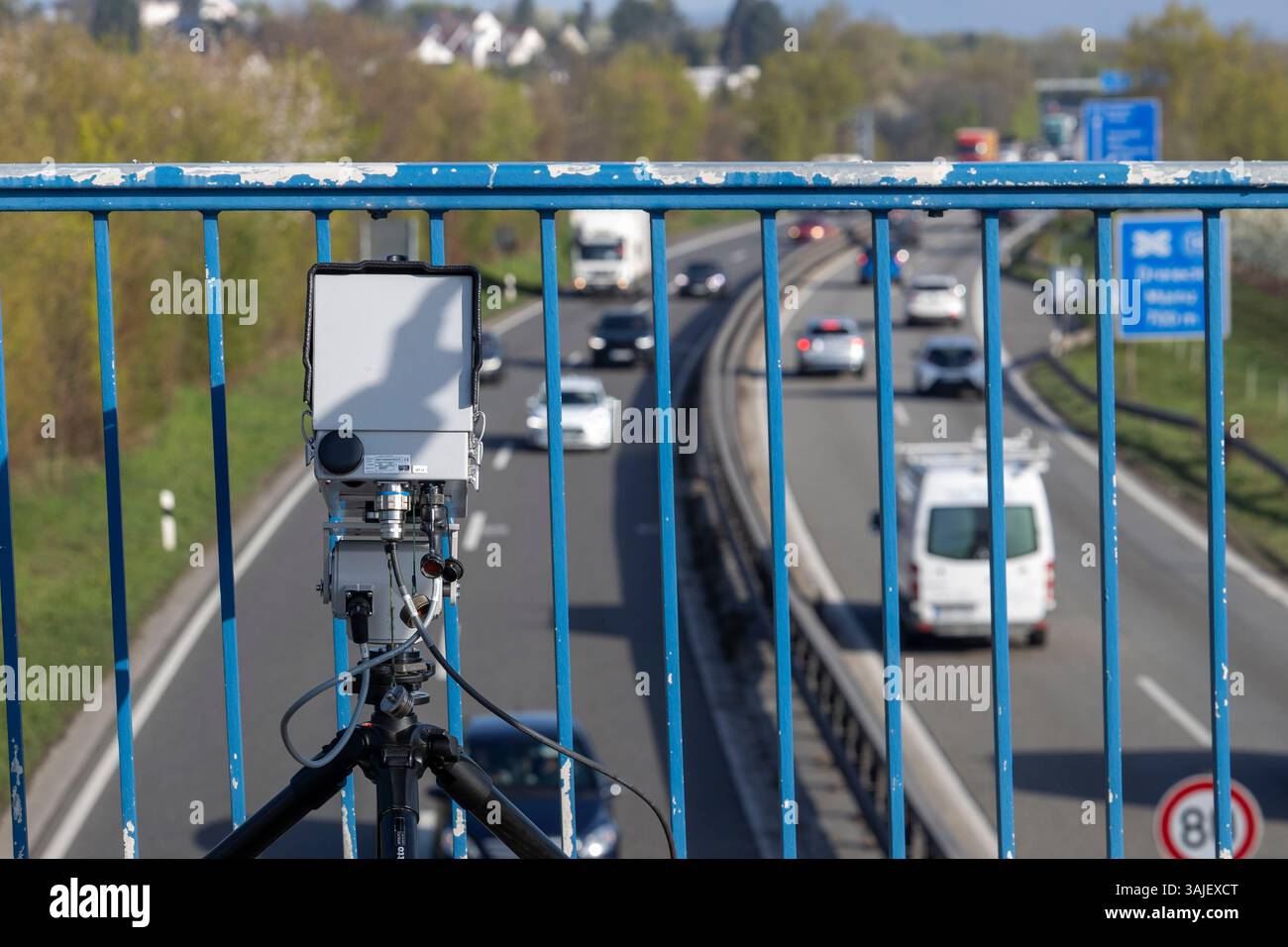 Mainz Finthen, Germany. 11th Apr, 2025. A mono-cam stands on a highway ...