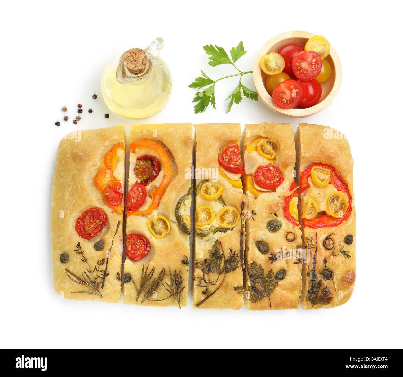 Cut delicious focaccia with flowers made of vegetables and ingredients ...