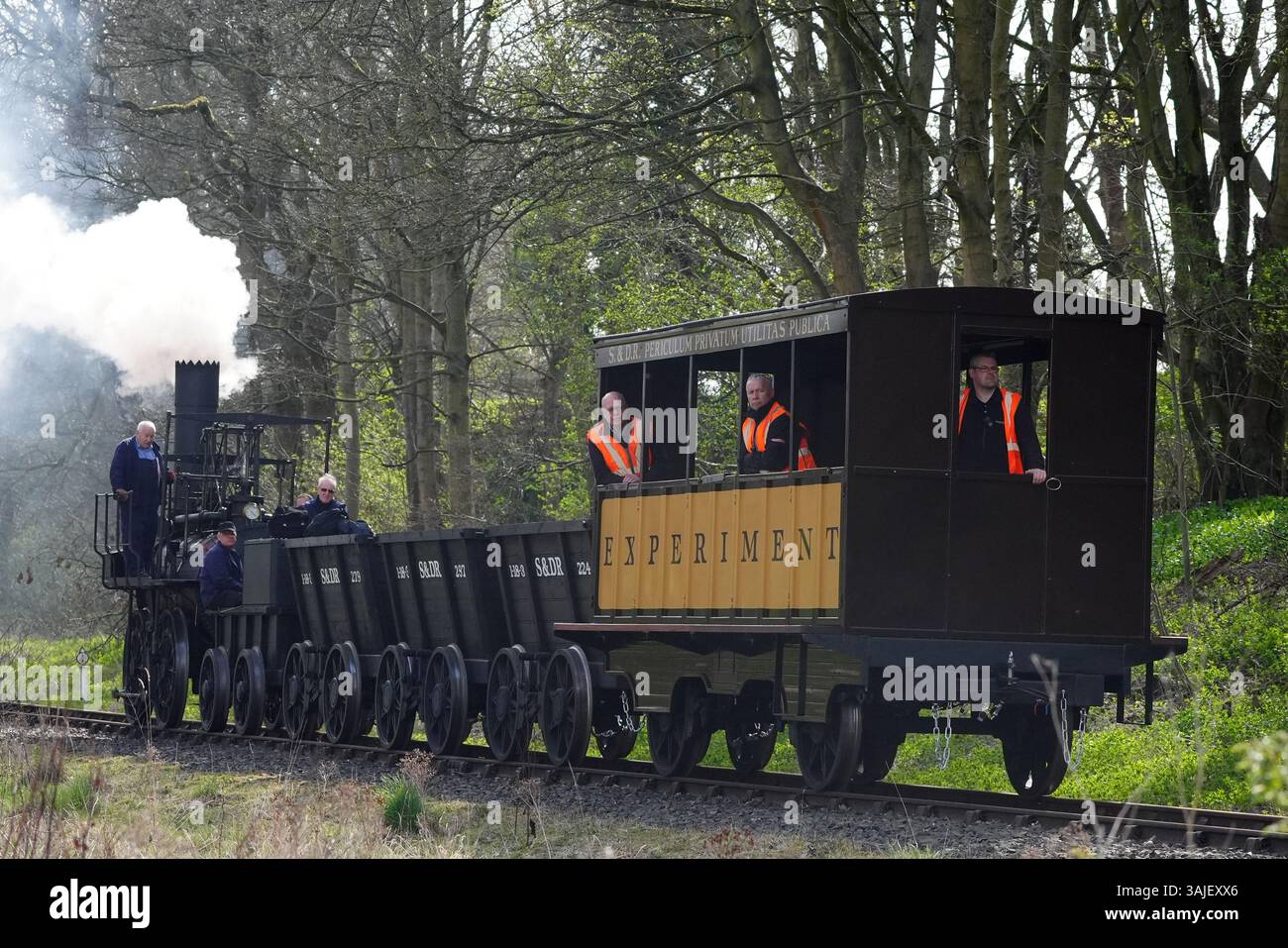 Locomotion No 1 replica arriving at Wolsingham Station in Weardale, on ...