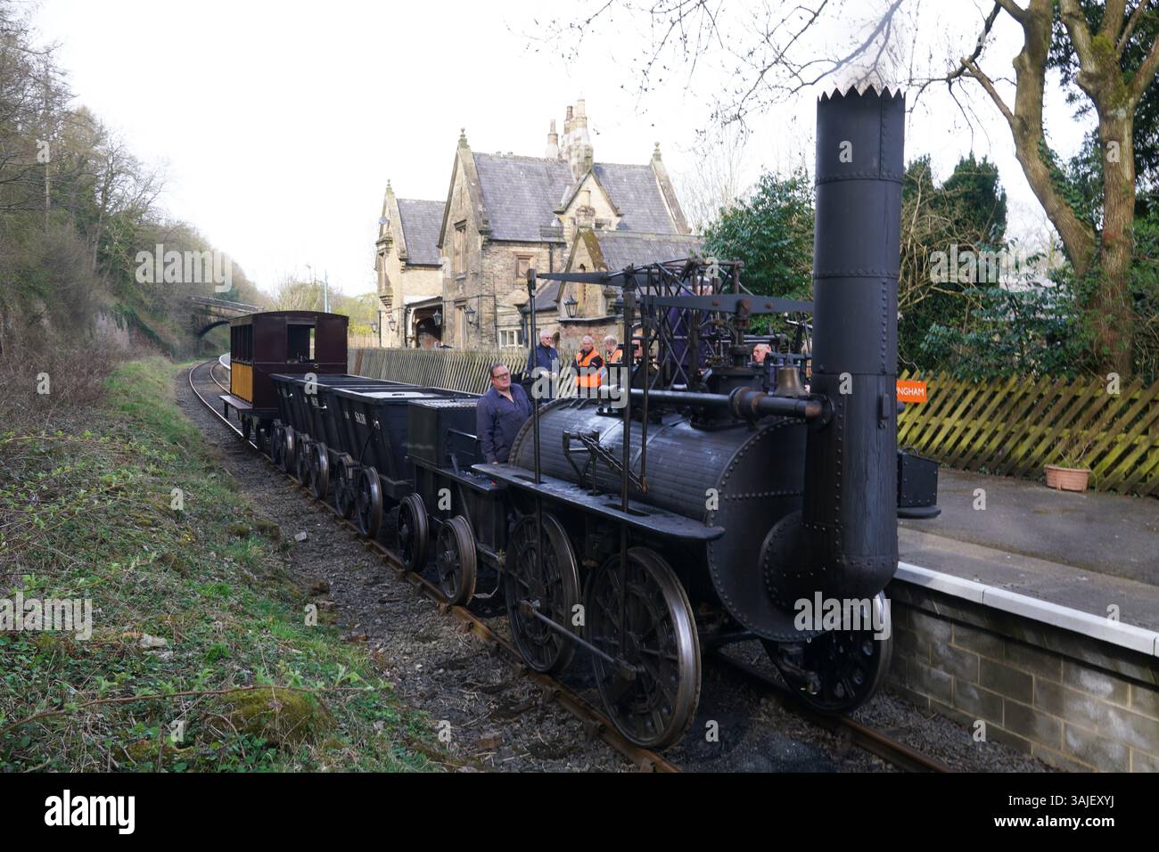 Locomotion No 1 replica arriving at Wolsingham Station in Weardale, on ...