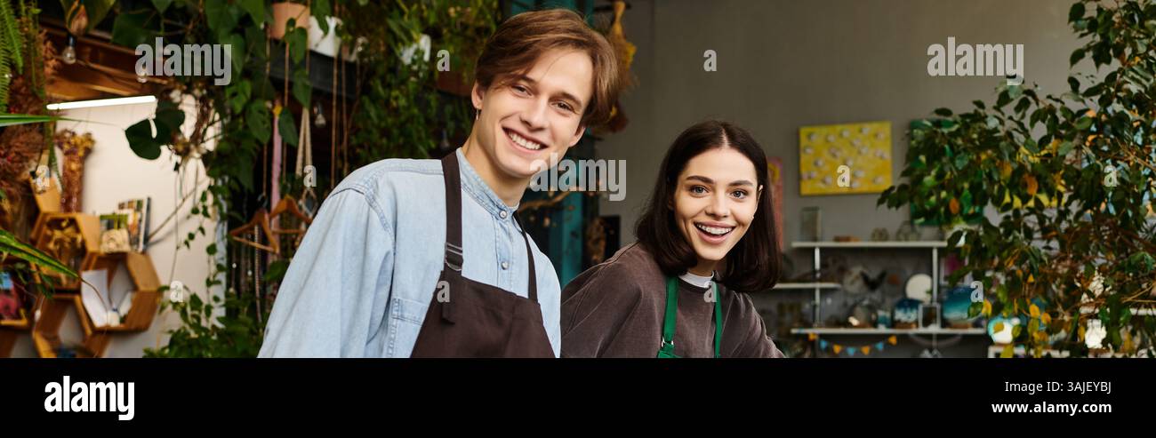 Creative couple engage joyfully in their art studio, surrounded by ...