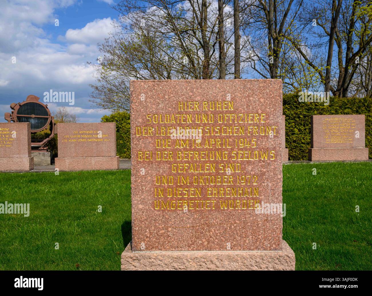 09 April 2025, Brandenburg, Seelow: A memorial stone with the ...