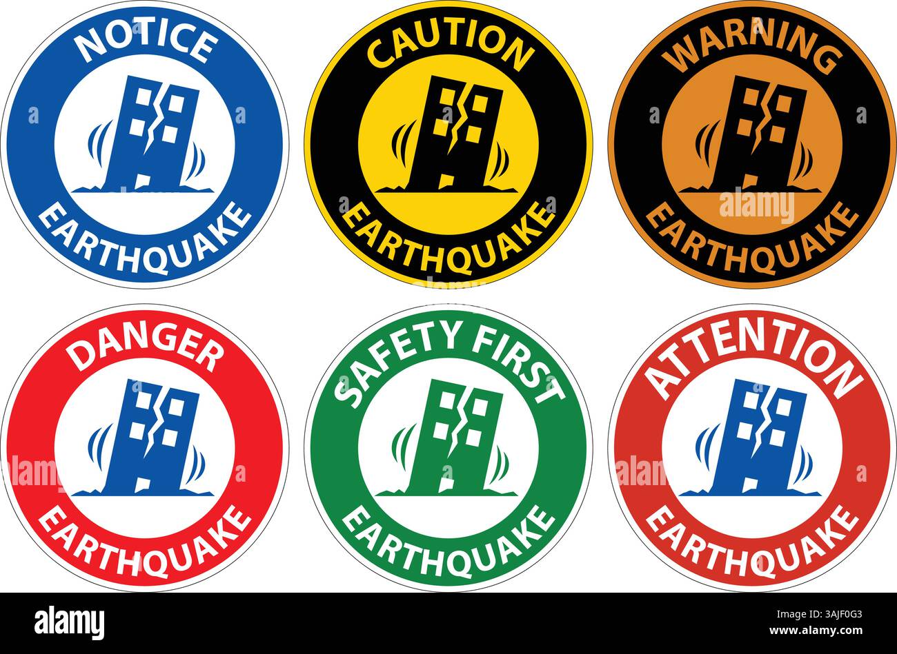 Earthquake warning sign in front of a damaged building with visible ...