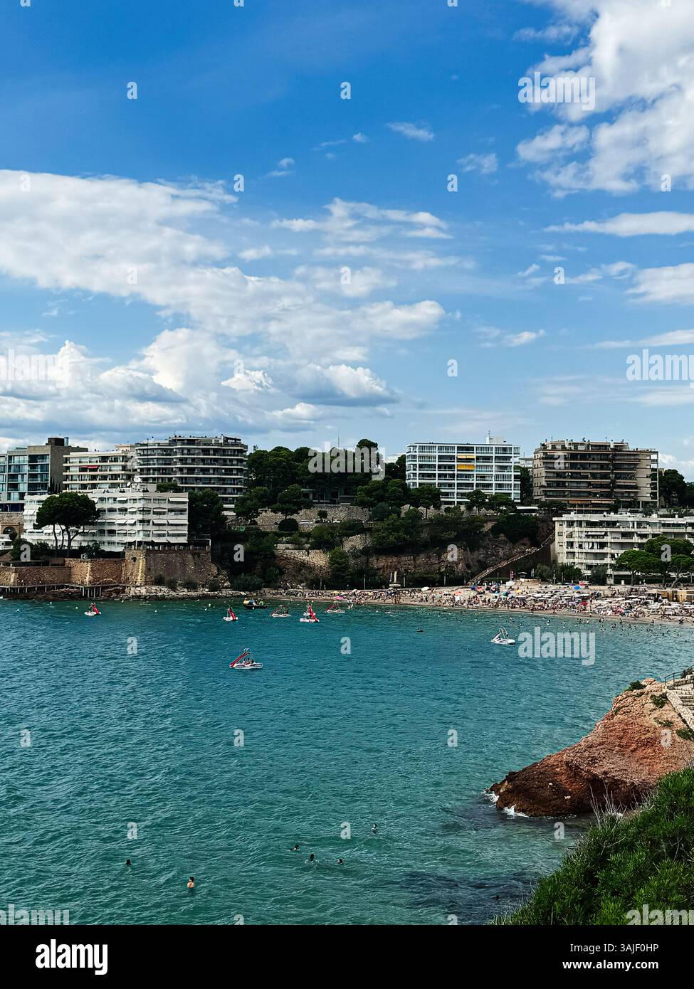 Sunny coastline at Tarragona, Spain, featuring beaches, water ...