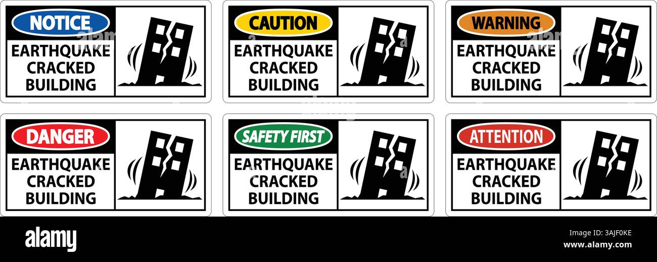 Earthquake warning sign in front of a damaged building with visible ...