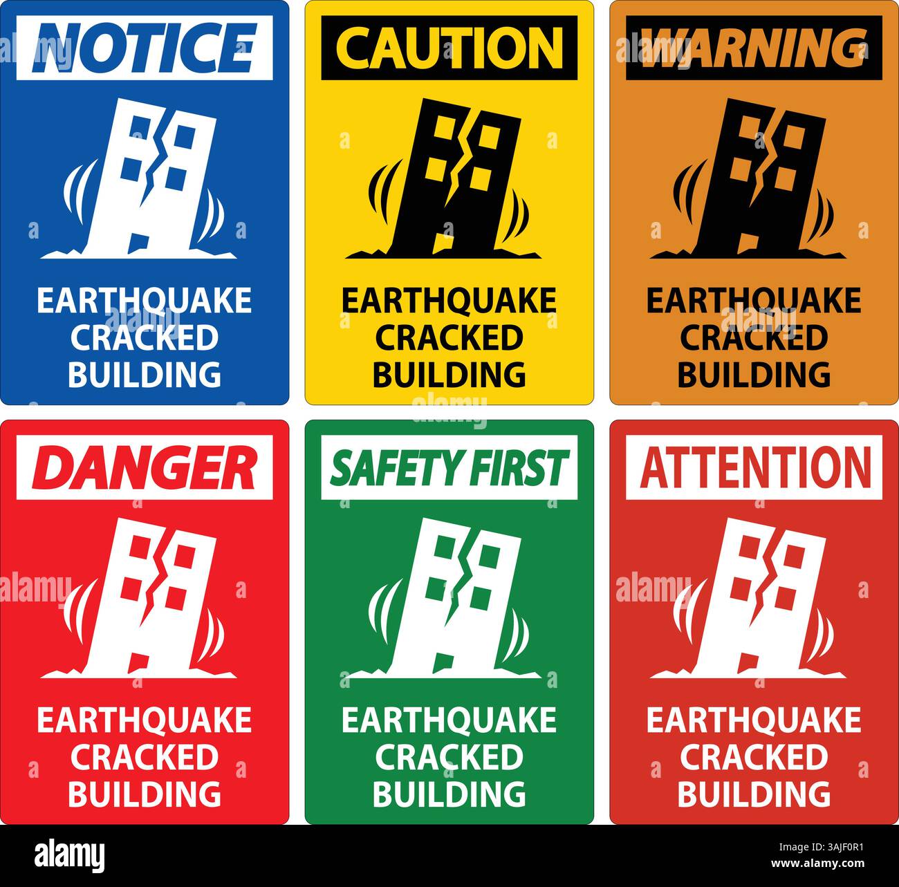 Earthquake warning sign in front of a damaged building with visible ...