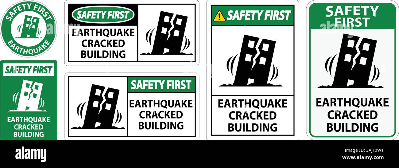 Earthquake Safety First Sign with Cracked Building Stock Vector Image ...
