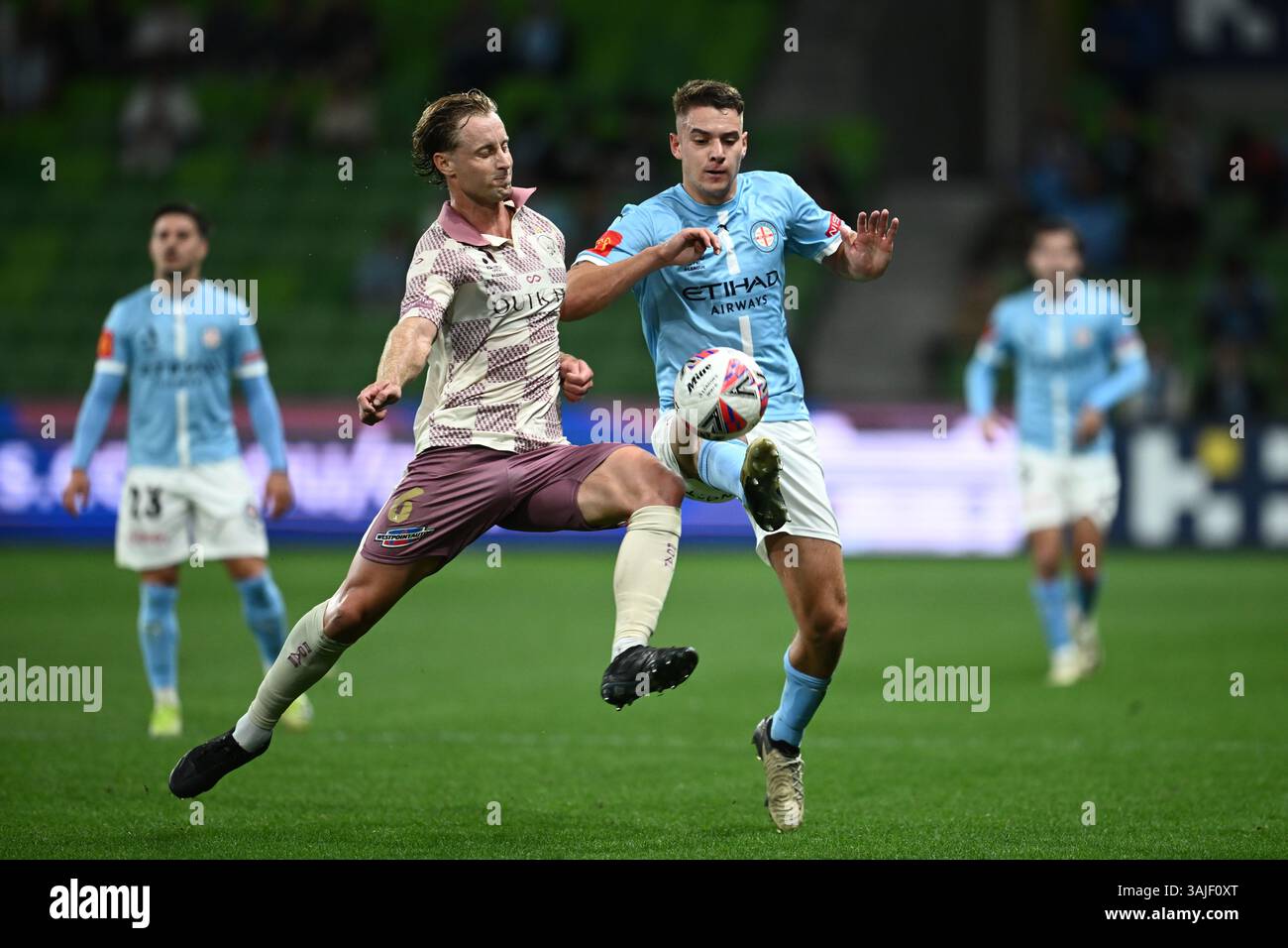 Melbourne, Australia. 11th Apr, 2025. Austin Ludwik of the Roar (left ...