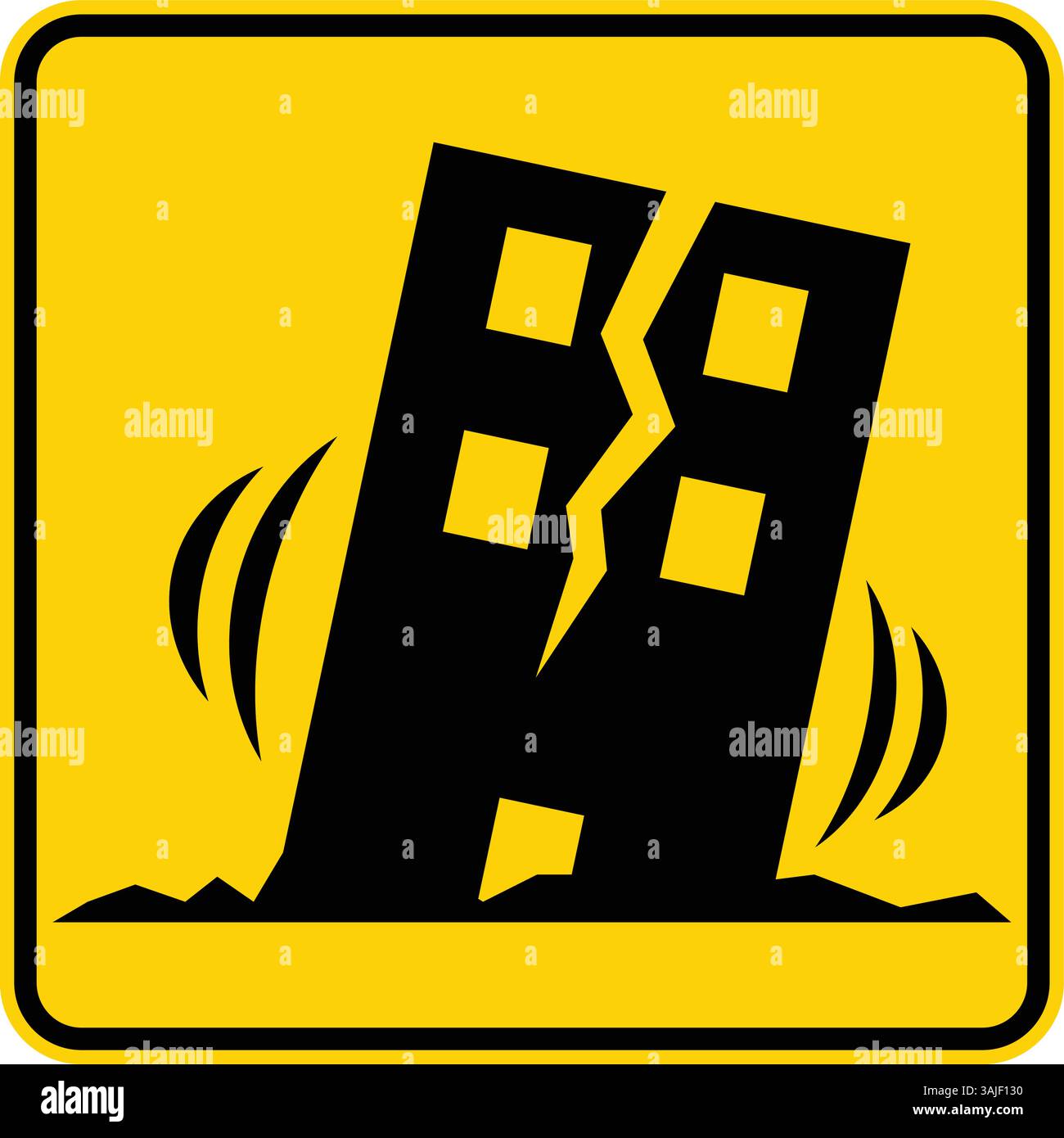 Earthquake warning sign in front of a damaged building with visible ...