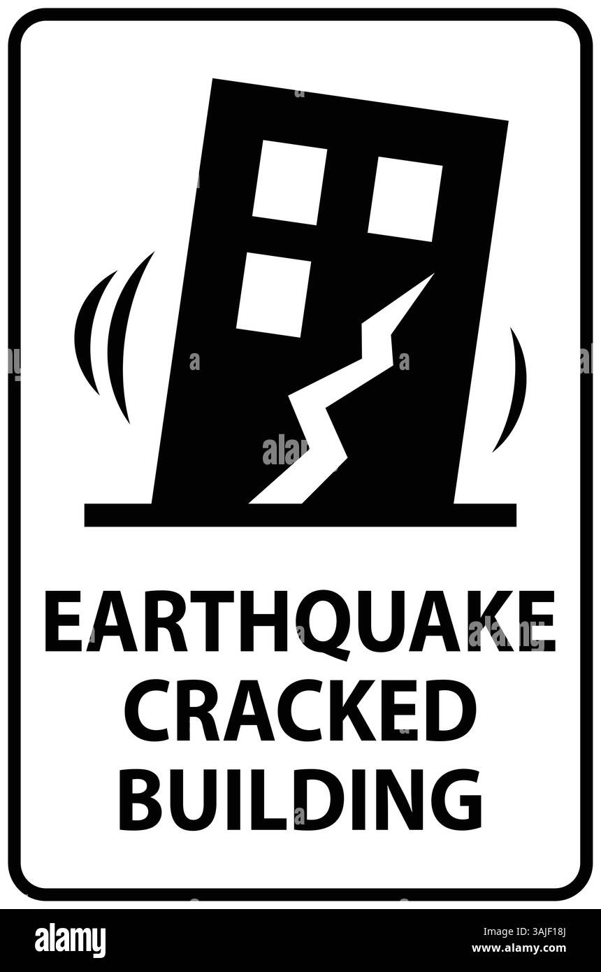 Earthquake warning sign in front of a damaged building with visible ...