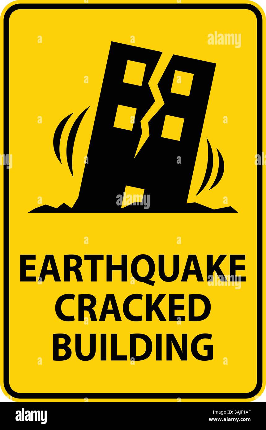 Earthquake warning sign in front of a damaged building with visible ...