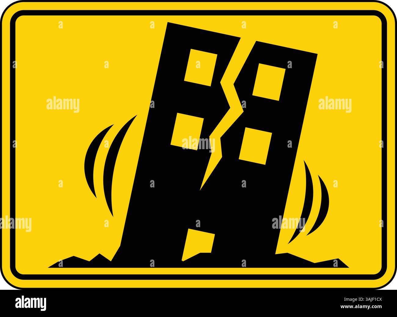 Earthquake warning sign in front of a damaged building with visible ...