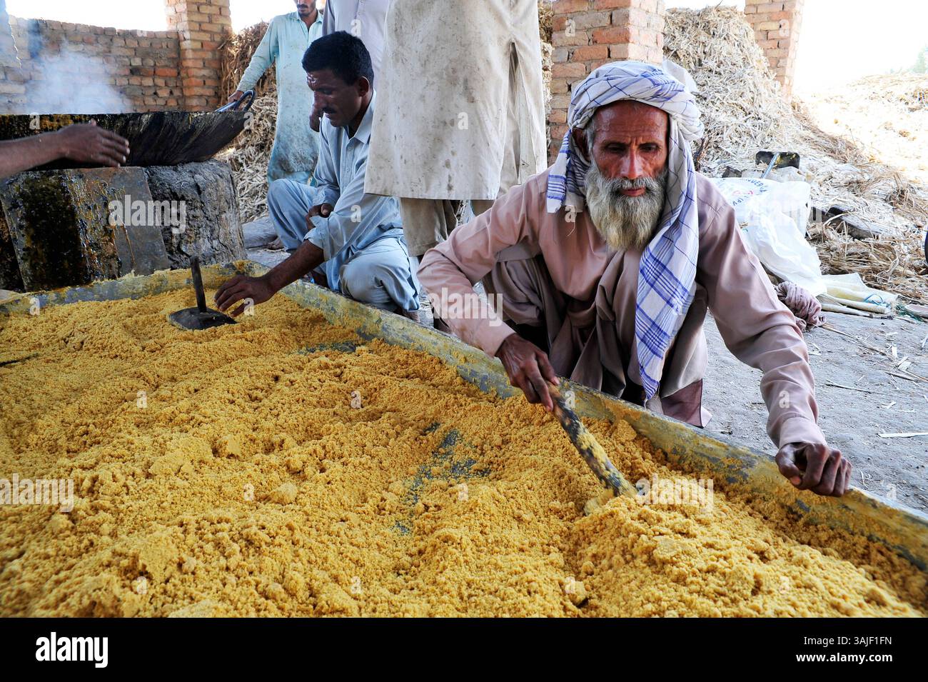 Group of Pakistani workers work during a cane sugar production stage ...