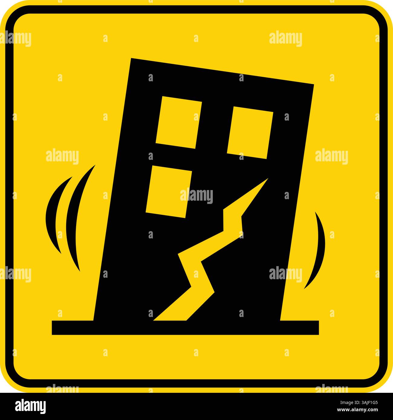 Earthquake warning sign in front of a damaged building with visible ...