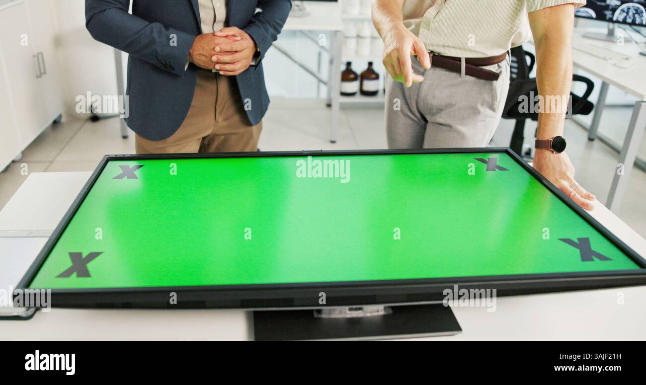 Hands, business and people with green screen in office for information ...