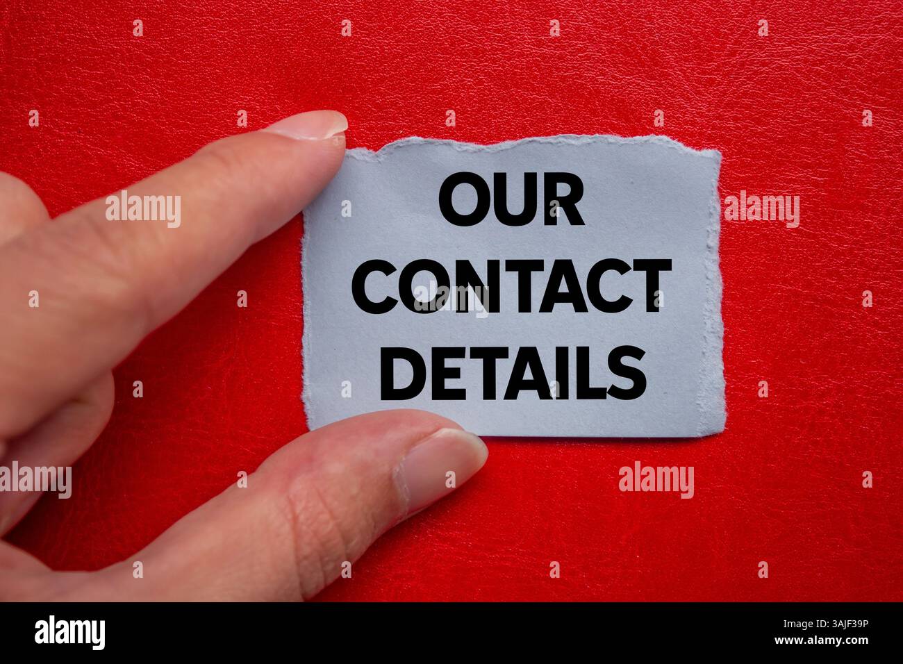 Our contact details message written on ripped torn grey paper piece on red background ...