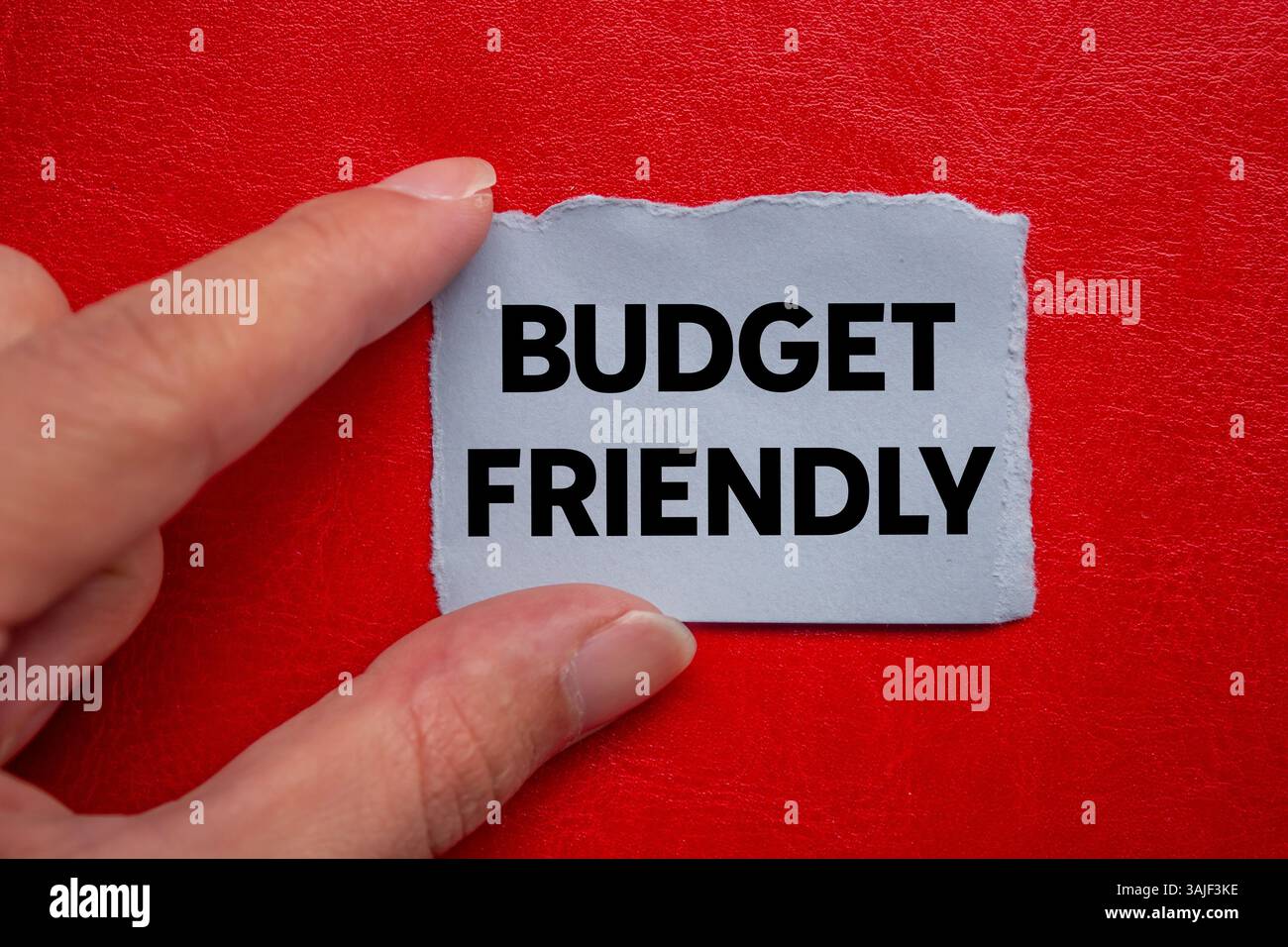 Budget friendly message written on ripped torn grey paper piece on red ...