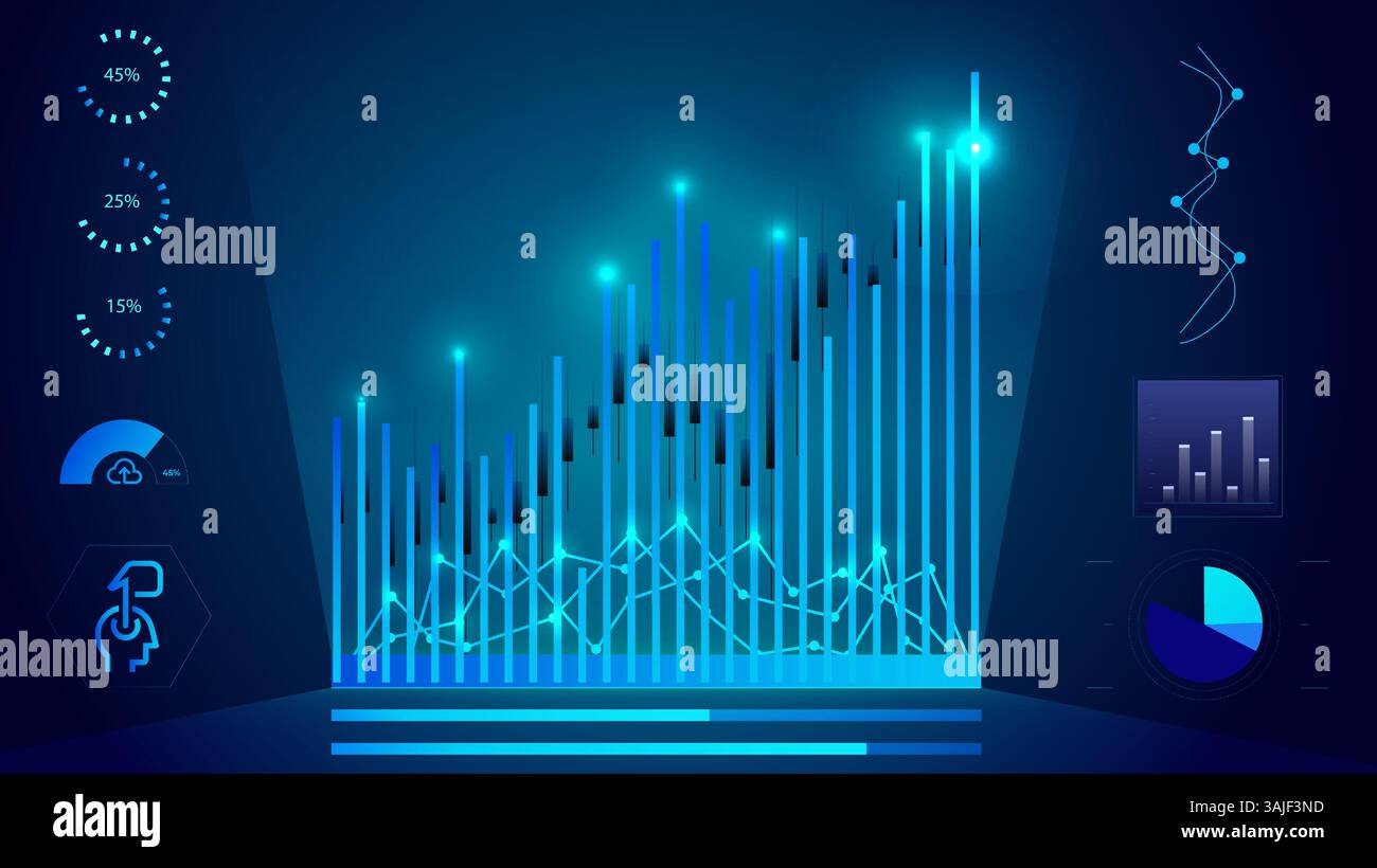 Futuristic data visualization with bar and line graphs, circular progress indicators and ...