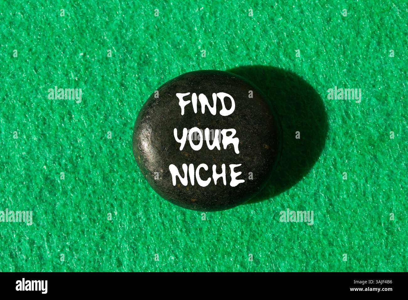 Find your niche message written on black stone on green background ...