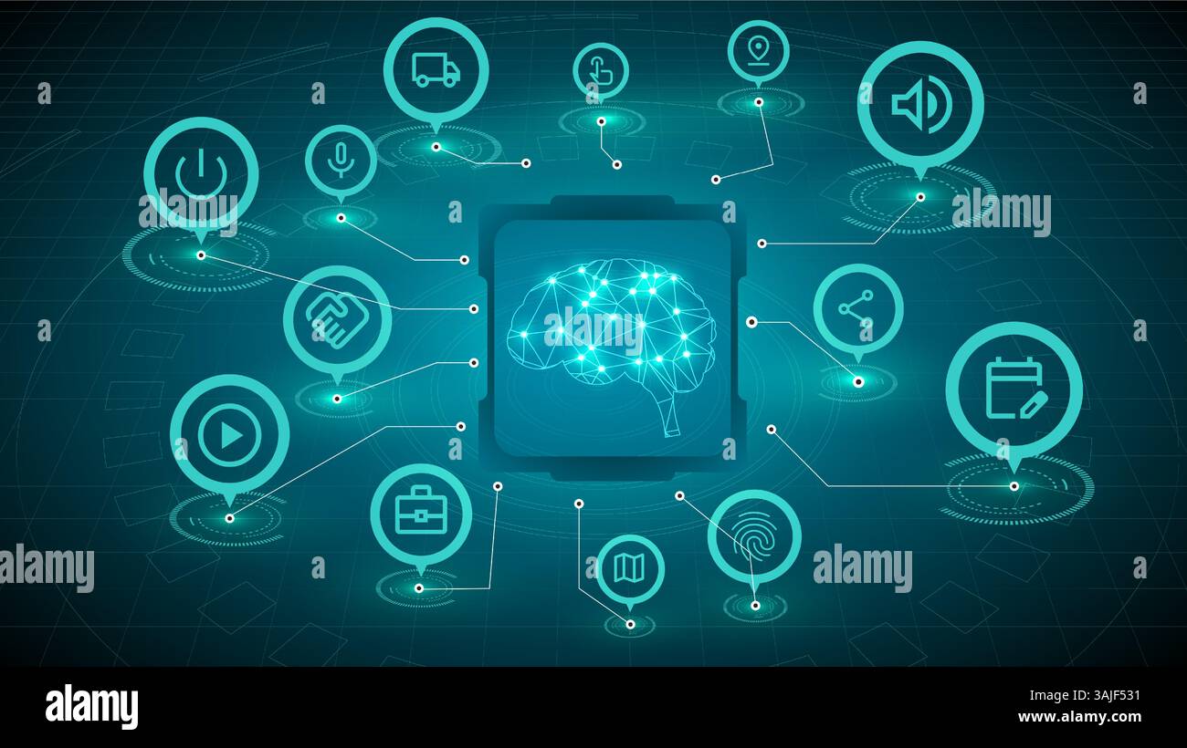 Digital brain surrounded by business icons symbolizing interaction ...