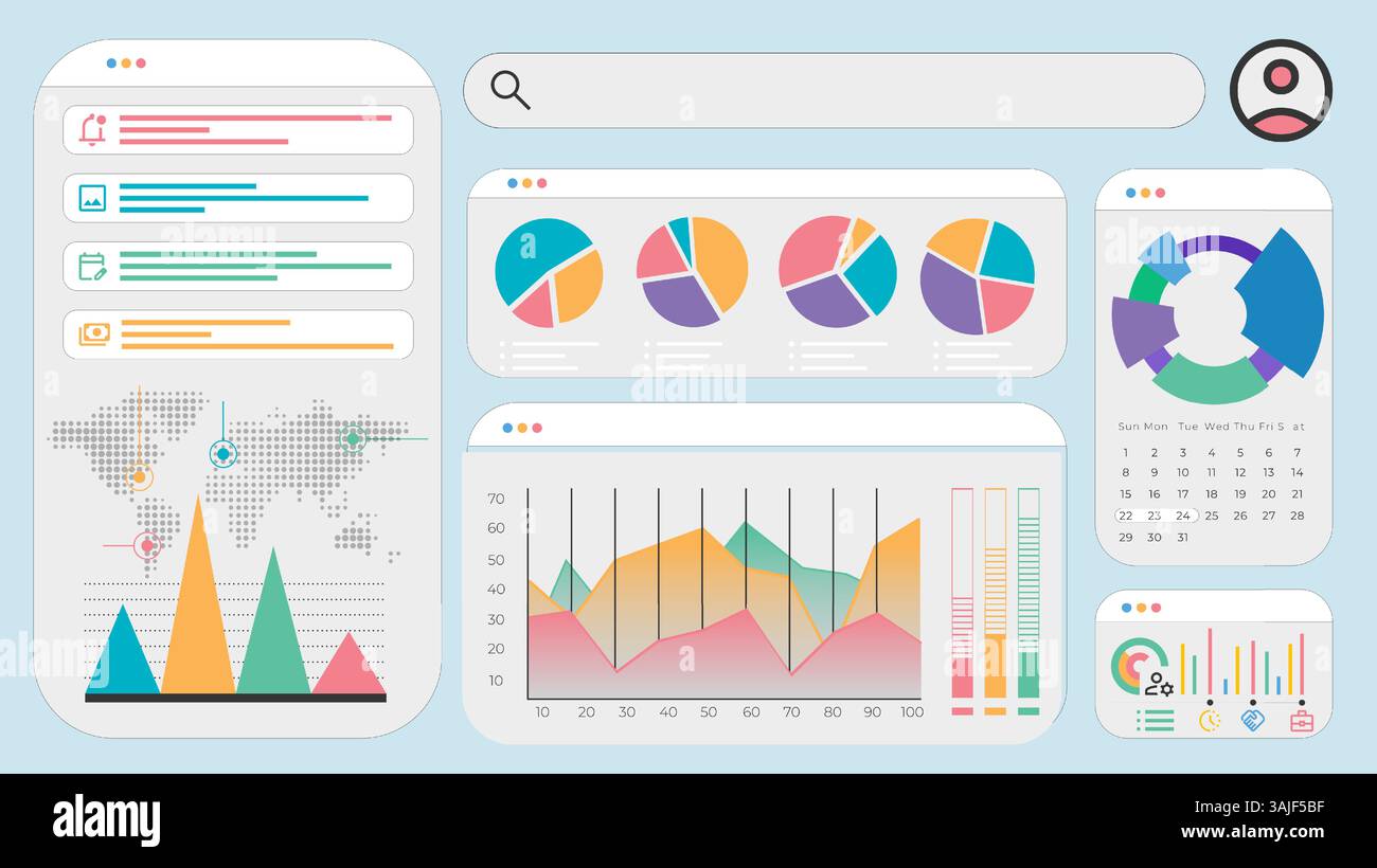 Flat dashboard layout featuring global analytics with pie charts, world map, calendar, and data ...