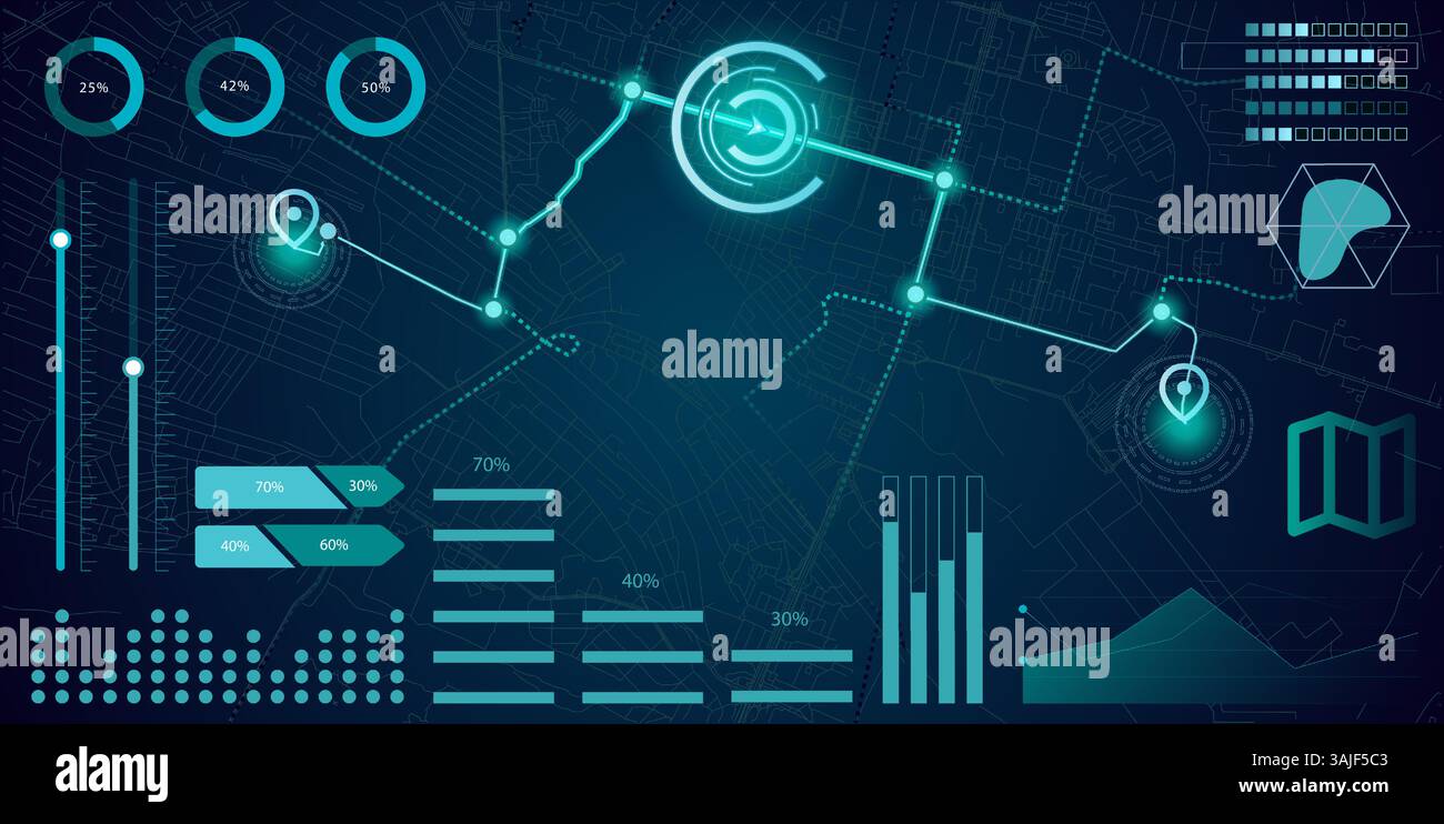 Digital interface in blue tones with tracking path, glowing metrics ...
