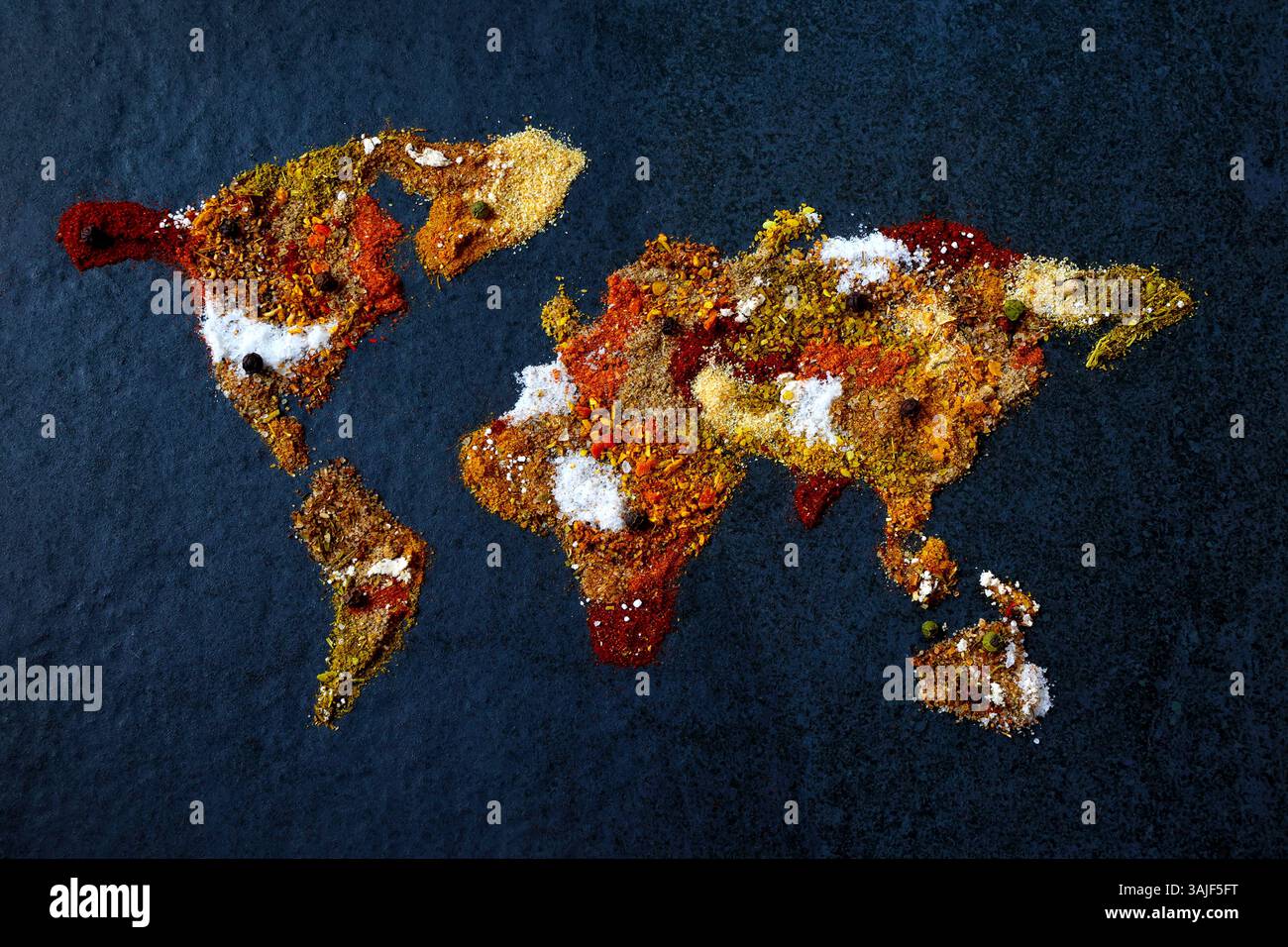 Map of the world made from various colorful spices on a dark background ...