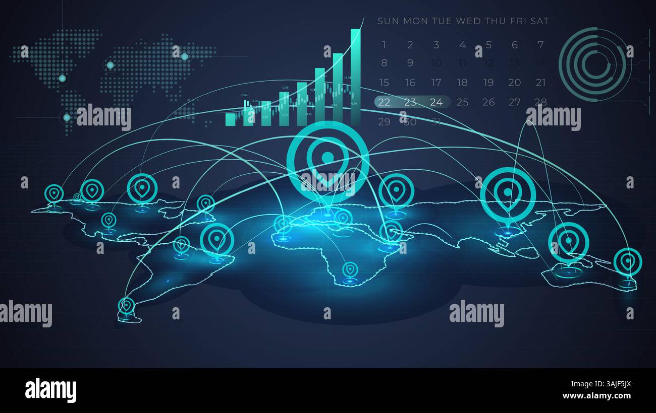 Global logistics and data distribution network with bar graphs ...