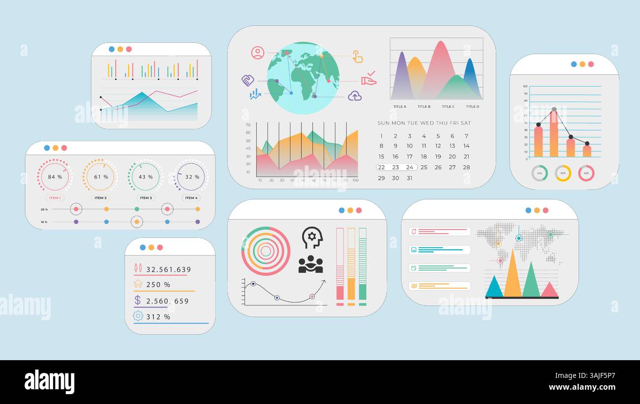 Global dashboard interface with calendar, data graphs, and ...