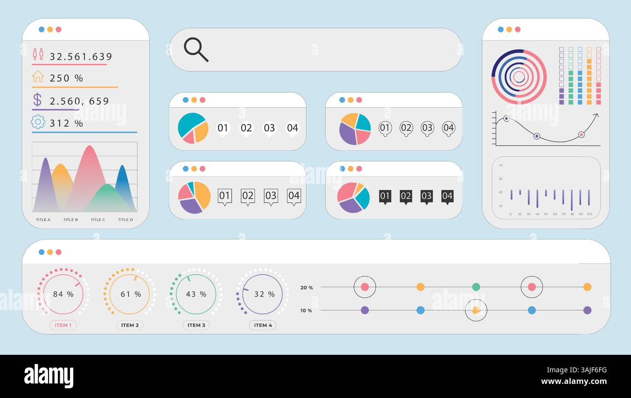 Modern dashboard interface with infographic rings, pie charts, line graphs, and numerical ...