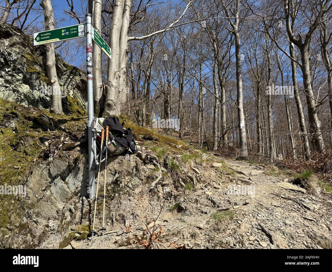 08 April 2025, Hesse, Glashütten: The Taunus-Schinderhannessteig trail ...