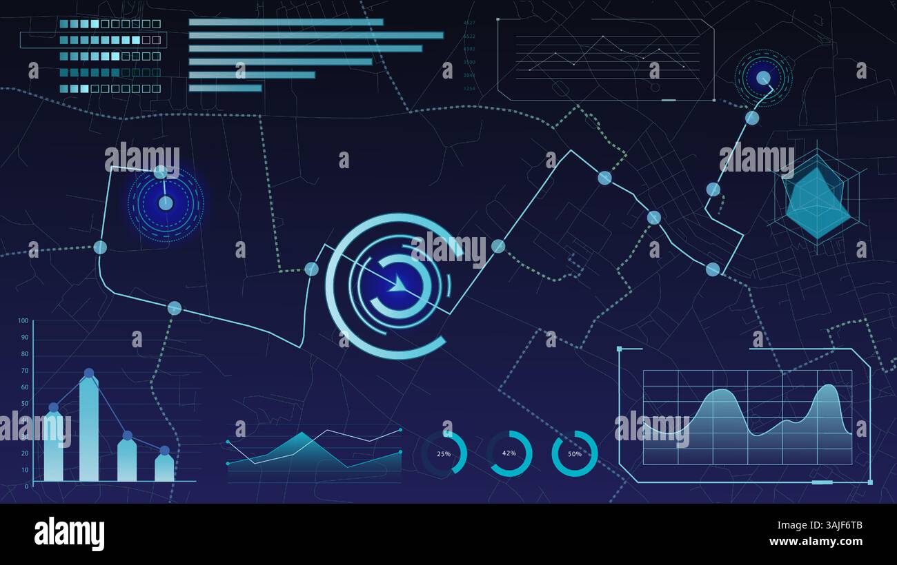 Futuristic data interface with glowing charts, timeline, digital radar and geographic analysis ...