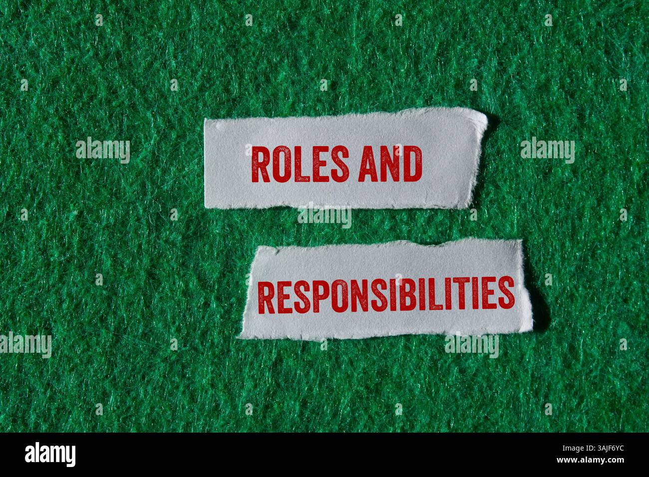 Roles and responsibilities message written on ripped torn paper pieces ...