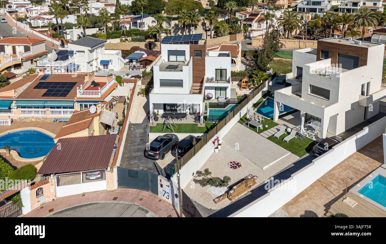 Drone shot capturing modern homes with swimming pools, outdoor ...