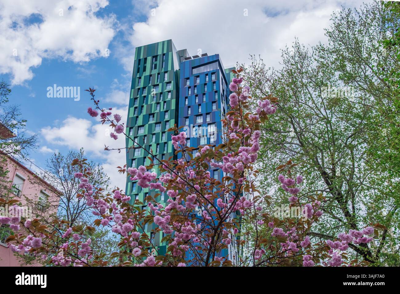 Modern design building in downtown Tirana Albania. Exterior of a modern ...