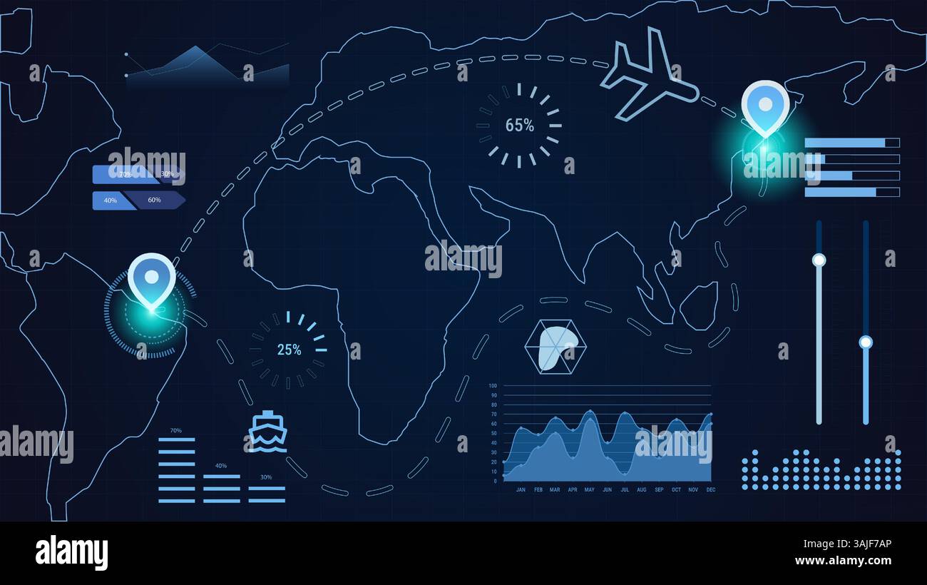 Infographic-style logistics map showing air and sea transport paths ...