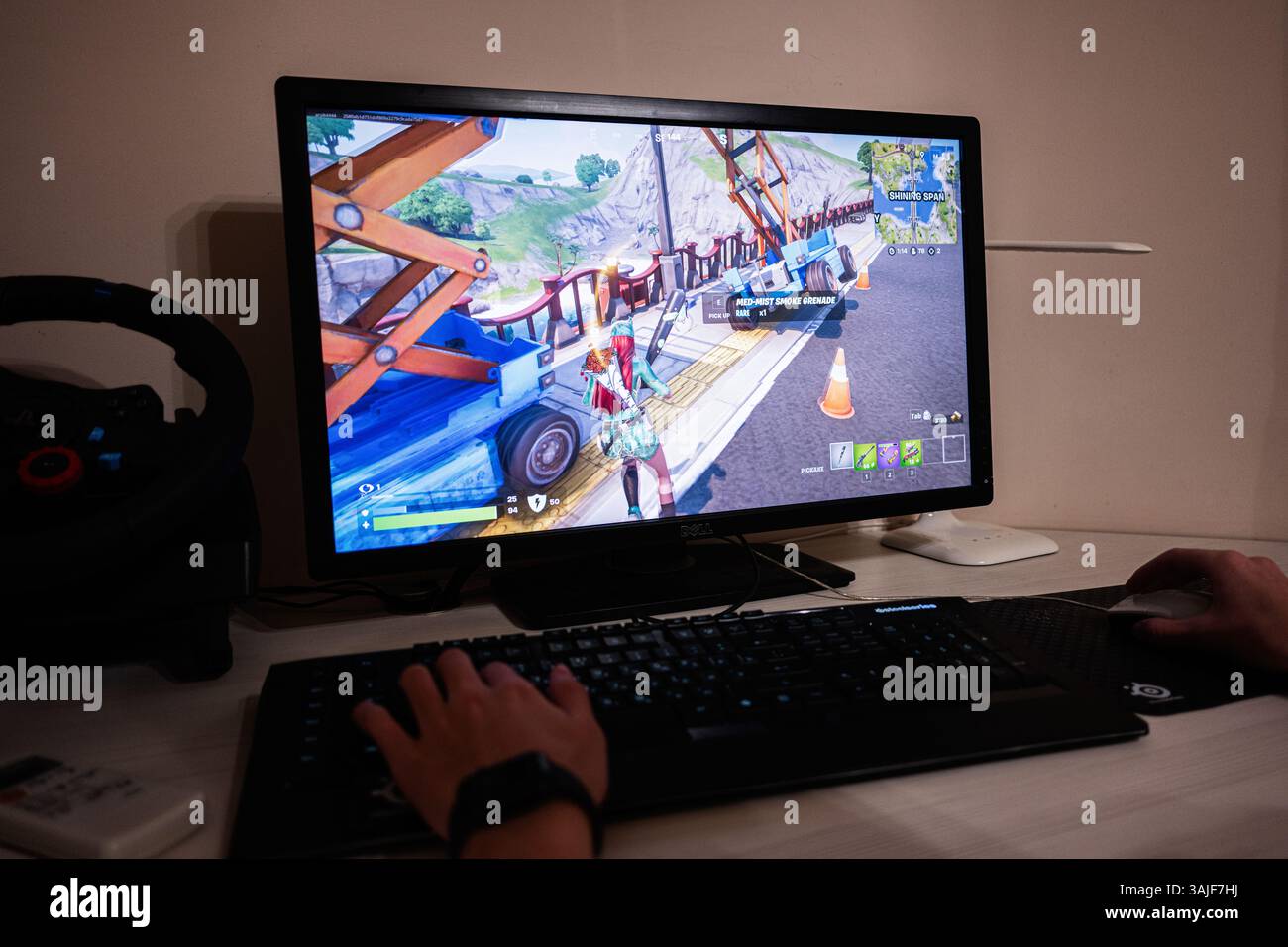 Kyiv, Ukraine - April 08, 2025: Gaming Fortnite setup includes desktop ...