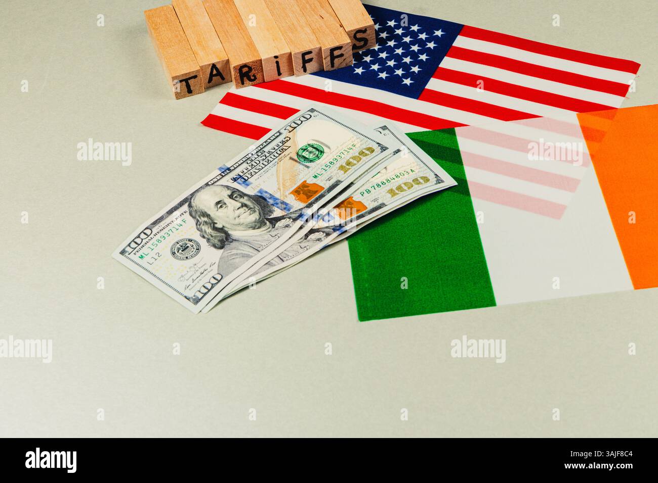 Currency and flags of USA and Italy illustrate trade discussions on ...