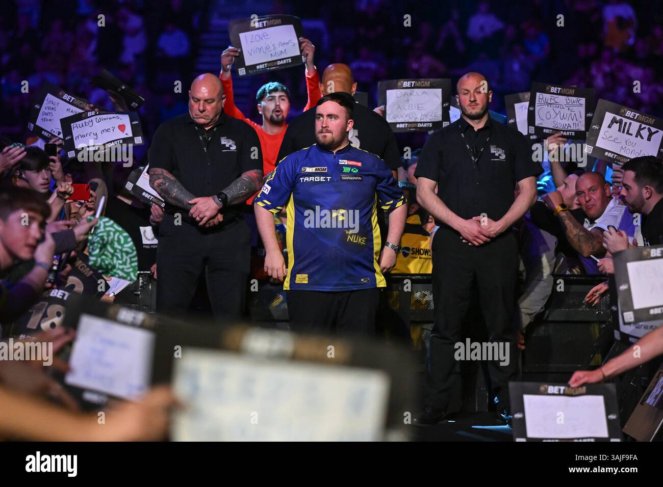 Luke Littler walks on during the Darts 2025 BetMGM Premier League - at ...