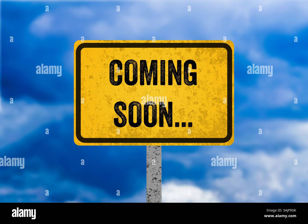 Coming soon message written on yellow metal sign. Conceptual coming ...