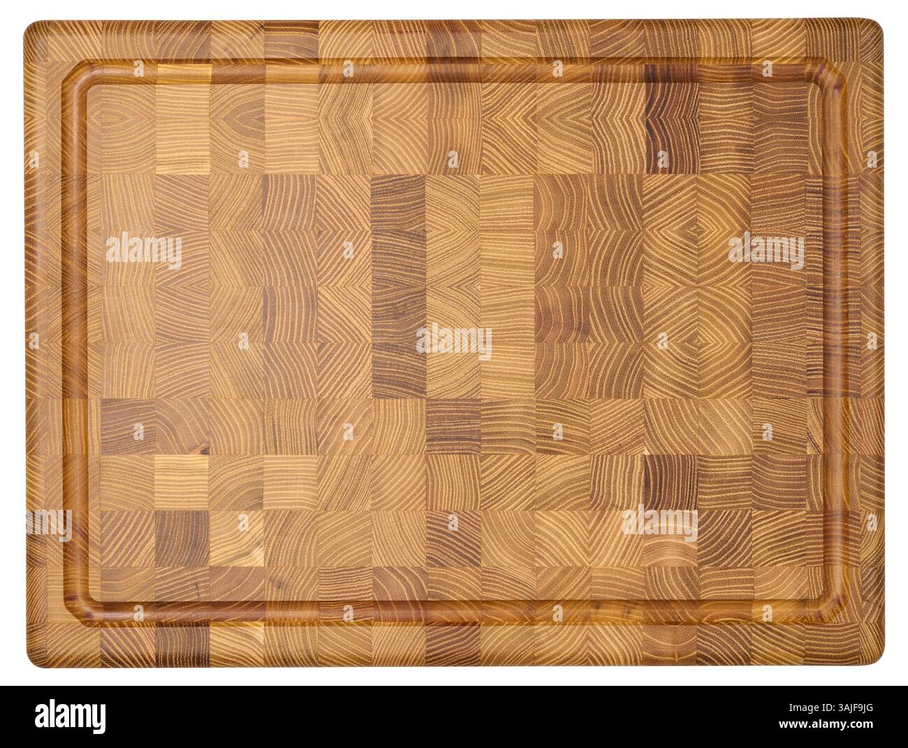 Top down view of a rectangular wooden cutting board made of end grain ...