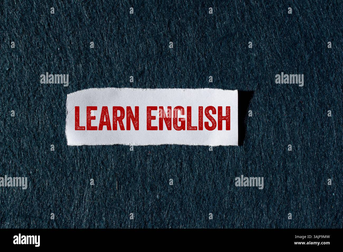 Learn english message written on ripped torn paper piece with gray background. Conceptual learn ...