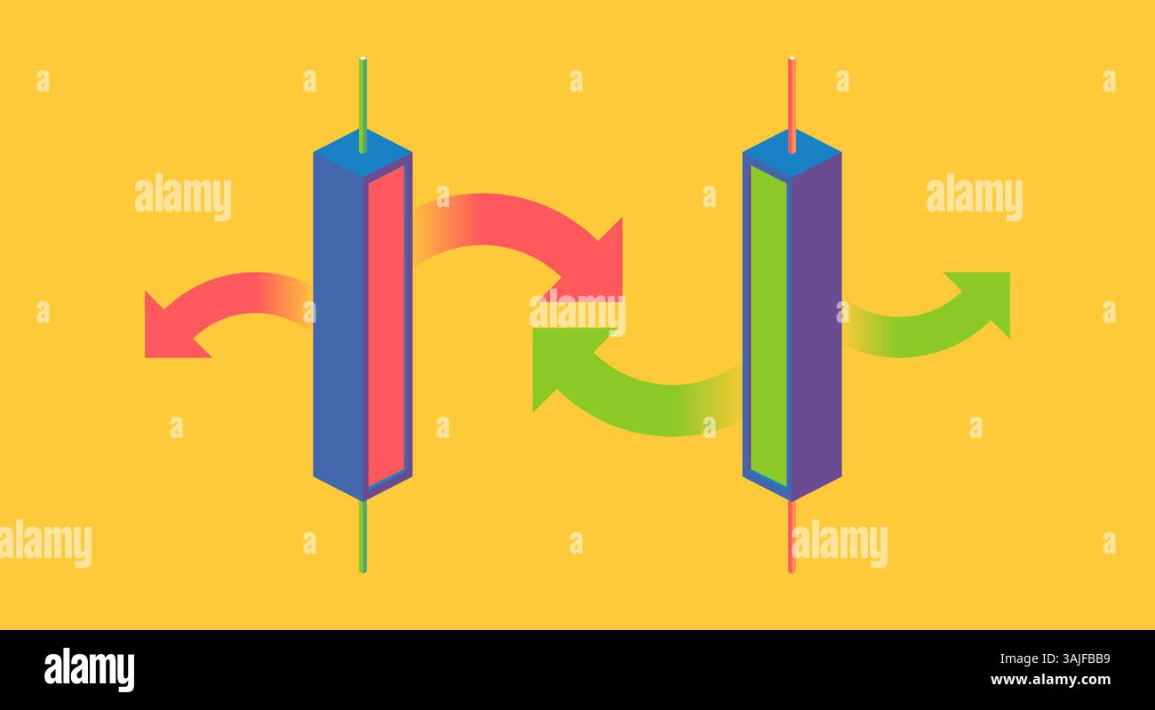 Two green and red candlestick chart with arrows pointing in opposite directions. Minimal ...
